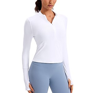 CRZ YOGA Women's Long Sleeve Crop Top Quick Dry Cropped Workout Shirts Half Quarter Zip Pullover Running Athletic Fall Shirt White Medium