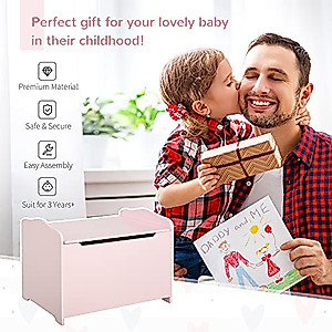Qaba Kids Toy Chest Wooden Toy Storage Organizer Chest Box with Magnetic Hinge, Large Storage Space, & Groove Handle, Pink