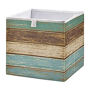 ALAZA Rustic Country Wooden Farmhouse 11 Inch Cube Storage Bin Organizer Foldable Basket for Closet Cabinet Shelf Office