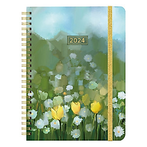 2024 Planner, Daily Weekly Monthly Planner with Tabs, 8.5" x 6.4", Hardcover, Elastic Closure, Inner Pocket, Floral Agenda Organizer & Calendar Jan 2024 to Dec 2024, Green Flower