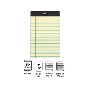 STAPLES 163832 Notepads 5-Inch X 8-Inch Narrow Canary 50 Sheets/Pad 12 Pads/Pack (26829)