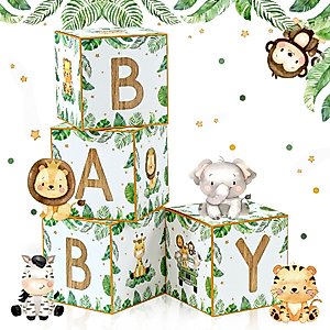 Safari Baby Boxes for Baby Shower Decorations - 4pcs Sage Green Woodland Animal Balloon Boxes ，Safari Baby Shower Decorations for Boy Jungle Birthday Party， Wild One Party Backdrop Decor Supplies