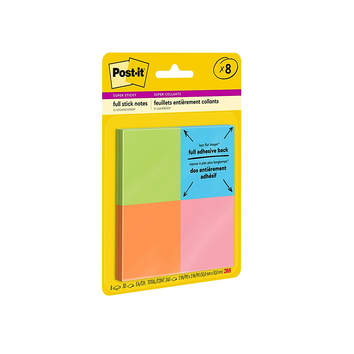 Post-it Super Sticky Full Stick Notes, 2x2 in, 8 Pads, 2x the Sticking Power, Energy Boost Collection, Bright Colors (Orange, Pink, Blue, Green), Recyclable (F220-8SSAU)