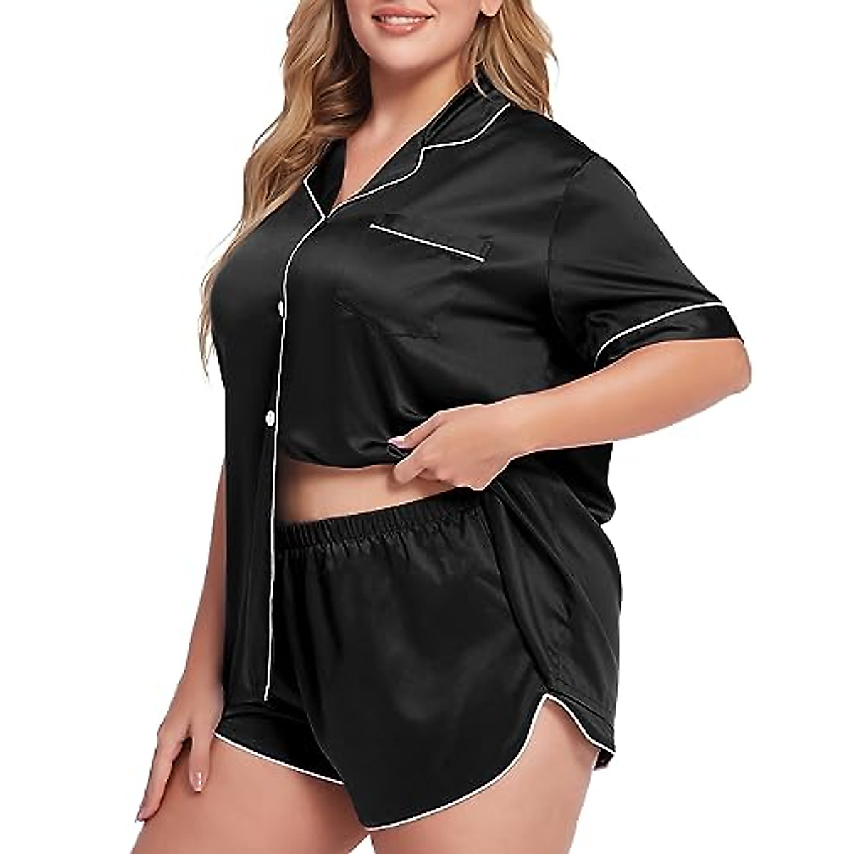 SWOMOG Womens Satin Plus Size Pajamas Silk Button Down Shorts Set Pajama Shorts 2Pcs Short Sleeve Pjs Sets Loungewear Black