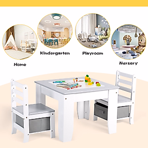 Kinder King Kids Wood Table & 2 Chairs Set, 3 in 1 Children Activity Table w/Storage, Removable Tabletop, Blackboard, 3-Piece Toddler Furniture Set for Art, Crafts, Drawing, Reading, Grey& White…