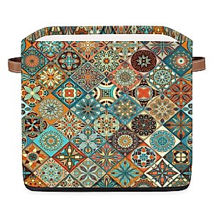 Aglebo Floral Mandala Colorful Storage Basket Collapsible Fabric Storage Box 13x13x13 Inches Square Cube Storage Bins with Handles for Home Living Room Closet Shelf Office Bedroom