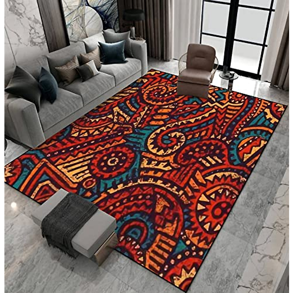 Area Rug Non-Slip Rug Seamless African Ethnic Tribal Motifs Orange red Yellow Blue Black Indoor Outdoor Living Room Bedroom Kids Room Carpet Runner Rug Home Decor Doormat Yoga Mat Patio Floor Mat