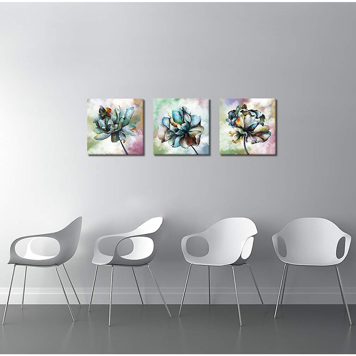 KLVOS Flower Canvas Wall Art for Bedroom Watercolor Rose Dahlia Lotus Floral Paintings Pictures for Living Room Bathroom Wall Decor Framed Prints Artwork Stretched Easy to Hang 12x12inchx3pcs