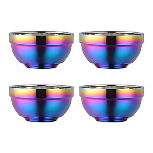Large Rainbow 304 Stainless Steel Bowl Set of 4, Double-Walled Heat Insulation Anti-Scalding Kitchen Soup Bowls, Drop Resistance Children Bowl Salad Bowl Set for Mixing (5.1 Inches Diameter)