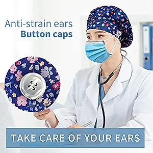 niaahinn 4PCS Adjustable Bouffant Scrub Hats with Button & Sweatband Cotton Working Cap Cartoon Printing Nurse Hats (32001-32077-32096-32109)