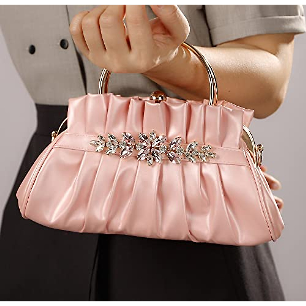 Sither Small Color Handbag Purses for Women Leather Handbag Purses with Crystal Clutch Purses Shoulder Chain Bags for Daily Party Prom Christmas Gift (pink)
