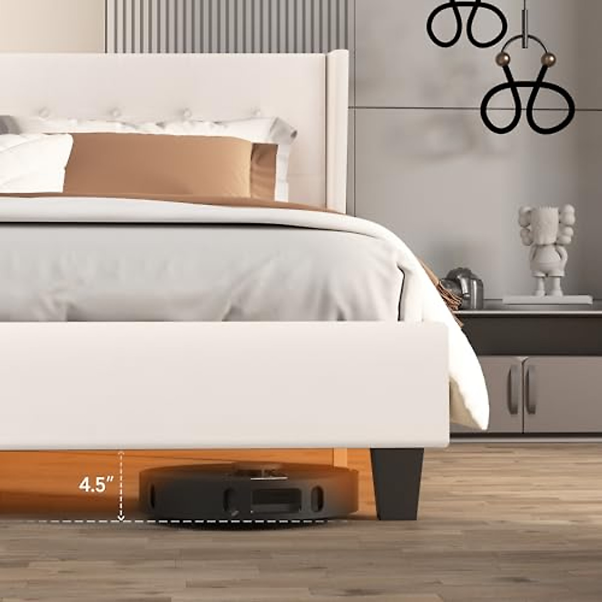 BONSOIR Bed Frame Upholstered Traditional Low Profile Platform with Wing Back Headboard/No Box Spring Needed/No Bed Skirt Needed/Linen Fabric Upholstery/Sand (Cream, Queen Size)