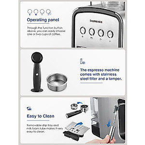 Ihomekee Espresso machine, CM6822 15 Bar Coffee Maker for Cappuccino and Latte Maker With Milk Frother, Removable Water Tank, Fast Heating Coffee Machine for Home, Office