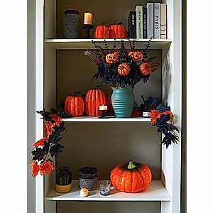 Anna's Whimsy 10PCS Halloween Decor Artificial Flowers Black Roses with Pumpkins, Halloween Table Centerpiece for Dining Kitchen Living Room Bedroom Front Door, Silk Flowers Bouquet Indoor Outdoor