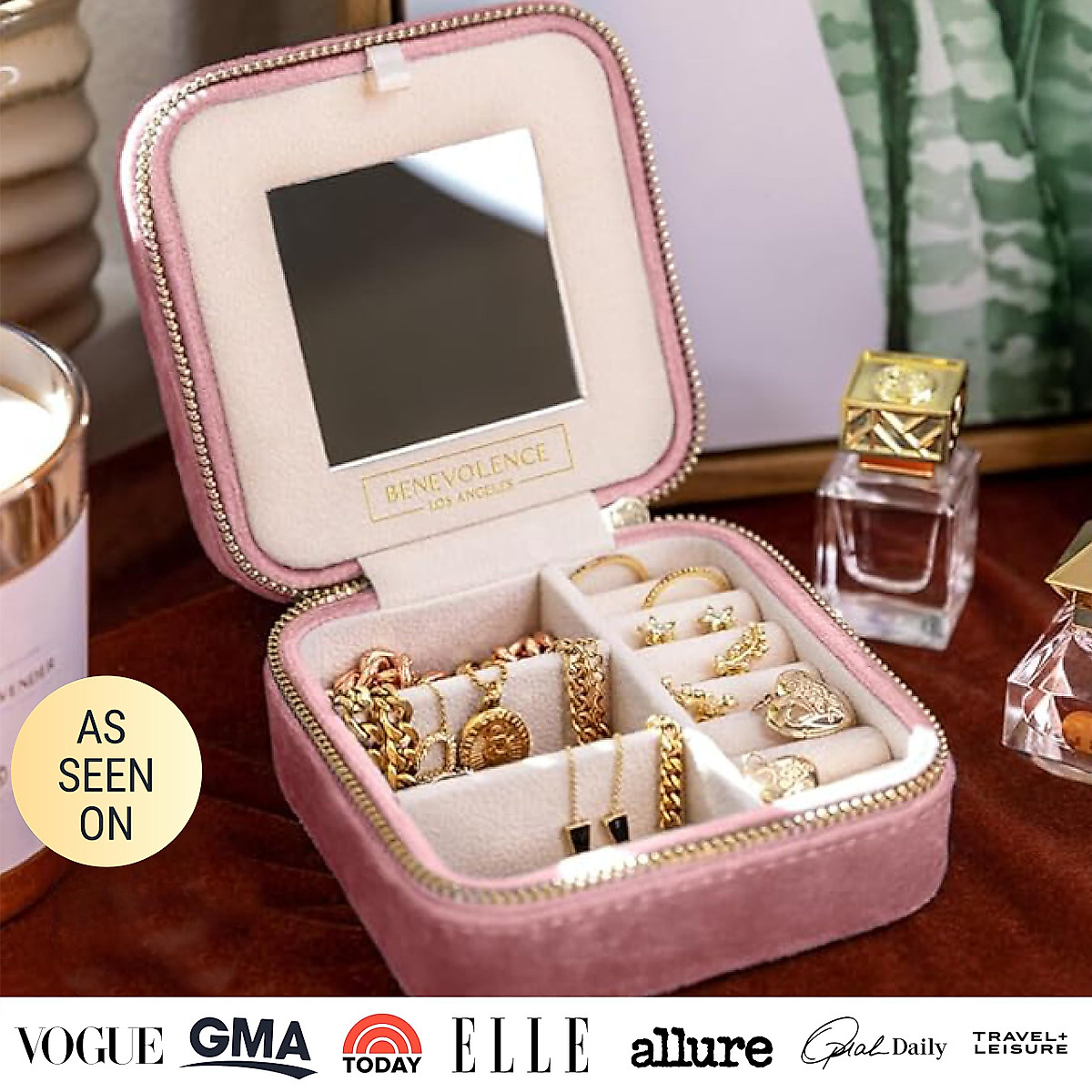 Plush Velvet Travel Jewelry Box Organizer | Travel Jewelry Case, Jewelry Travel Organizer | Small Jewelry Box for Women, Jewelry Travel Case | Earring Organizer with Mirror - Dusty Pink