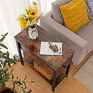 HOOBRO Side Table, 2-Tier Nightstand with Drawer, Narrow End Table for Small Spaces, Stable and Sturdy Construction, Wood Look Accent Furniture with Metal Frame, Rustic Brown and Black BF04BZ01