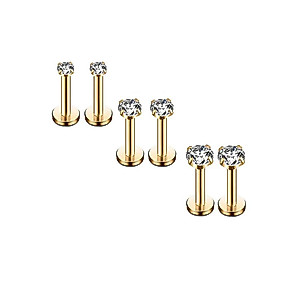 16G Diamond CZ Lip Rings Labret Monroe Nose Tragus Helix Ear Piercing Jewelry Surgical Stainless Steel 2/3/4mm CZ 6mm Bar Length 3 Pairs Set (3 PairsYellow Gold - Bar:6mm; CZ:2-4mm))