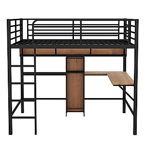 VilroCaz Full Size Metal Loft Bed with Wood L-Shaped Desk and Shelves, Multi -Functional Design Loft Bed Frame with 15.2'' Height Guardrails for Kids Teens Adults, Space-Saving