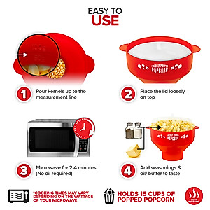 Silicone Microwave Popcorn Popper (Red) Air Popper Popcorn Maker No Oil Required, Collapsible Pop-Corn bowl with Lid, Reusable, BPA-Free, Dishwasher Safe