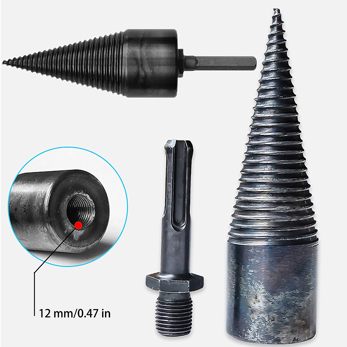 KEWAYO 4pcs Removable Splitting Wood Cone Drill Bit, Wood Splitter Drill Set for Heavy Duty Drill Split Wood Tool and Hand Drill Stick-hex+Square+Round