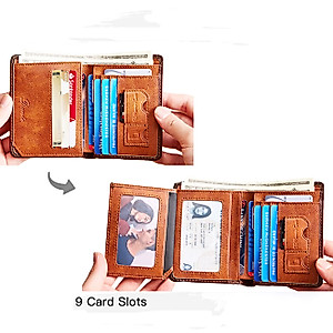 Cutemoria Vintage Genuine Leather Wallet for Men Stylish RFID Blocking Trifold Wallets Credit Card Holder Slim Wallet (Brown)