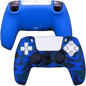 9CDeer 2 Pieces of Silicone Transfer Print Protective Cover Skin +10 Thumb Grips for PS5 Controller paint Red & Blue