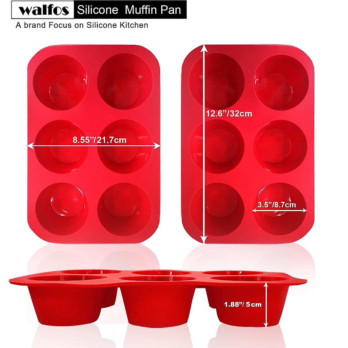 Walfos Silicone Texas Muffin Pan Set- 6 Cup Jumbo Silicone Cupcake Pan, Non-Stick Silicone, Just PoP Out! Perfect for Egg Muffin, Big Cupcake - BPA Free and Dishwasher Safe, Set of 2