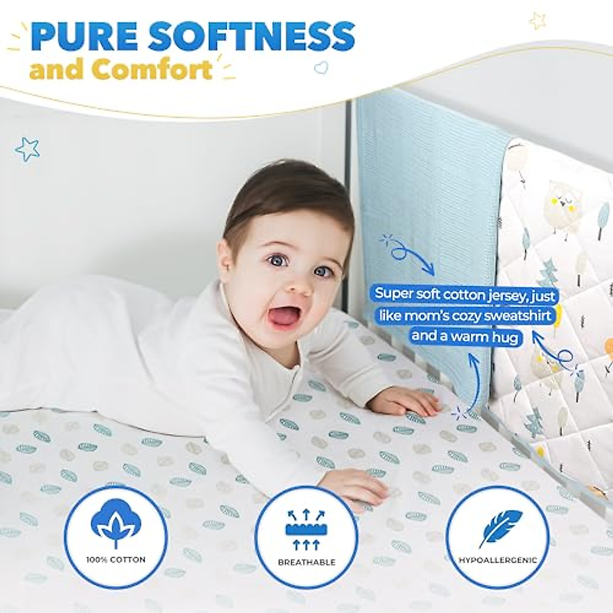 Crib Bedding Sets for Boys 5 Pieces Includes Baby Crib Sheets x2, Cotton Quilt, Baby Blanket & Bonus Wall Decal Set