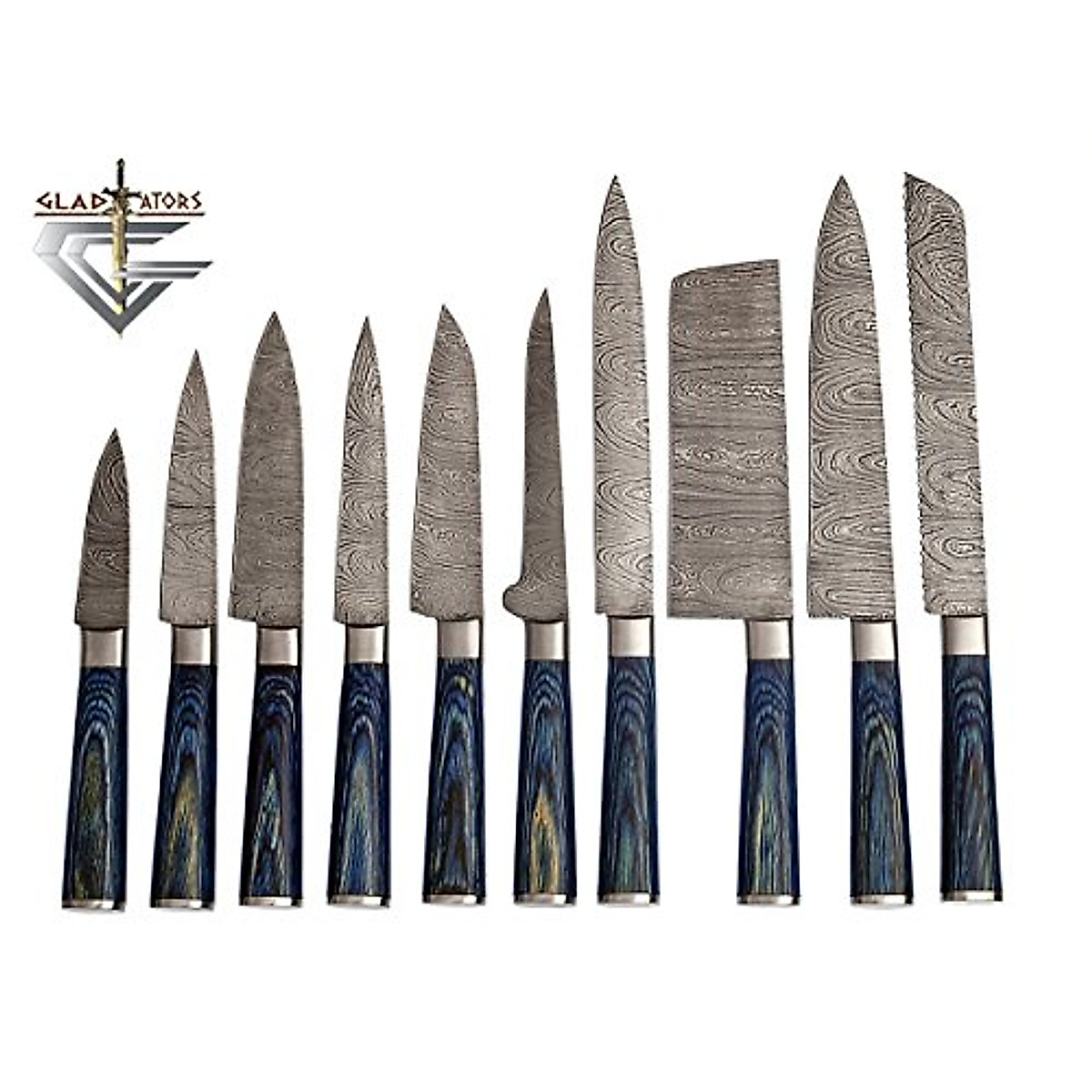 G25- Professional Kitchen Knives Custom Made Damascus Steel 10 pcs of Professional Utility Chef Kitchen Knife Set Round Blue Wood Handle with Pocket Case Chef Knife Roll Bag by GladiatorsGuild