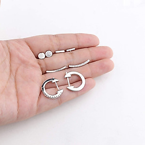 FIBO STEEL 8 Pairs Stainless Steel Star Bar Stud Earrings for Women Cute CZ Stud Earring Set Silver