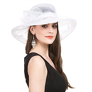 Lucky Leaf Women Church Cap Wide Brim Summer Sun Hat for Party Wedding(White)