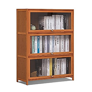 MoNiBloom Bamboo Bookshelf with Acrylic Doors 3 Tier Freestanding Bookcase Storage Stand for Living Room Office Bedroom, Brown
