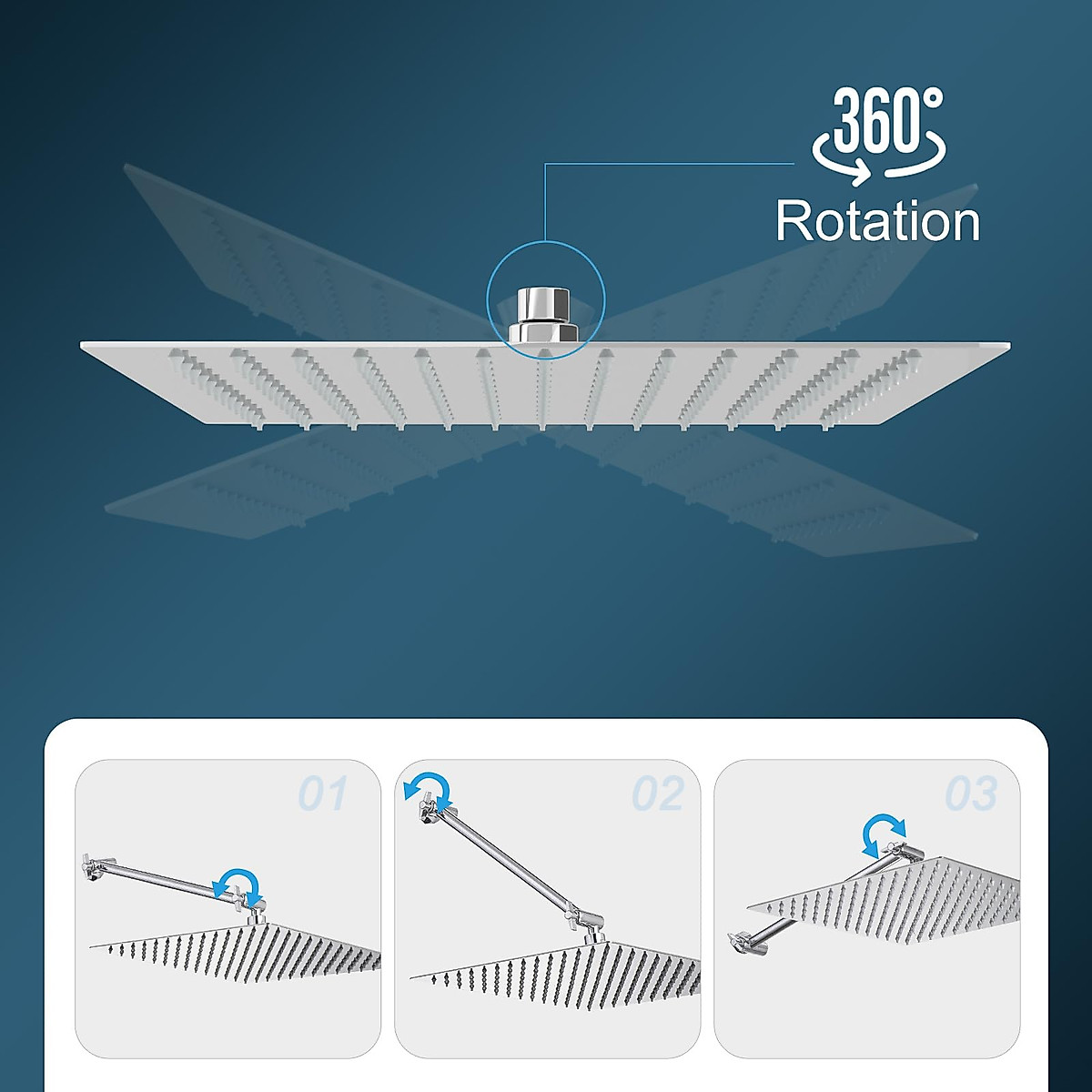 Shower Head with Adjustable Shower Arm - Sarlai 12 Inch Rain Shower Head Solid Square Ultra Thin 304 Stainless Steel with Solid Brass 11 Inch Adjustable Extension Arm, Chrome Finish