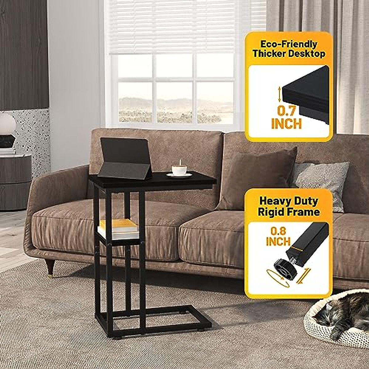 C Table End Table, Sturdy 2 Tier C Shaped Side Table for Couch Sofa Bedside Small Space, C Snack Table TV Tray Record Player Stand Small Tables for Living Room Bedroom, Easy to Assemble, Black