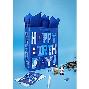 13" Large Blue Gift Bags Set with Greeting Card and Tissue Papers (Blue Happy Birthday) for Men's Birthday Party,Kids' Parties, Baby Shower, or Baby Boy - 13”x10.2”x5.2”, 1 Pcs