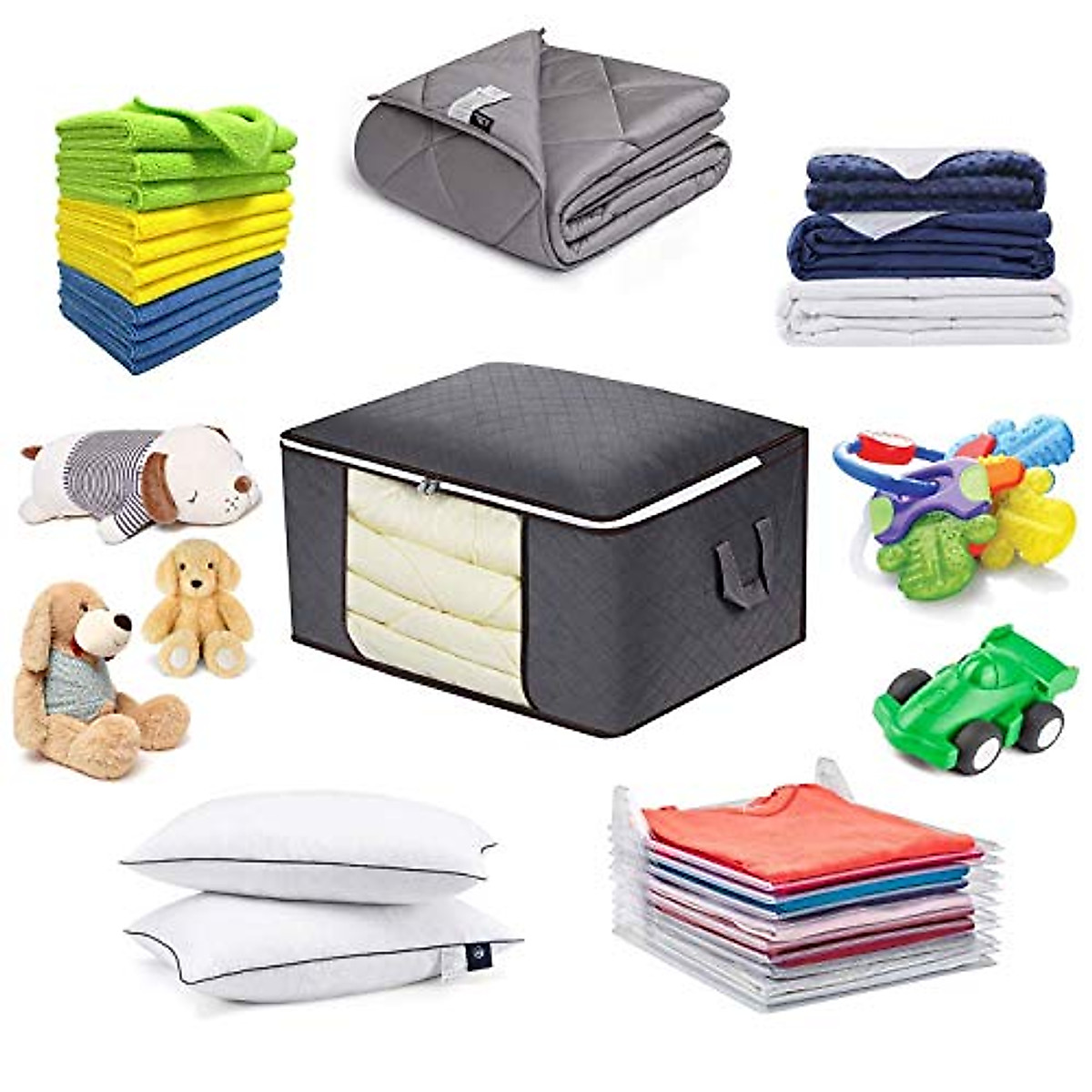 Toocoo Closet Organizer and Clothes Storage Bags with Reinforced Handle, Sturdy Zipper and Clear Window Thick Fabric for Comforters, Blankets, Bedding and Clothing 3 Pack, 90L, Grey …