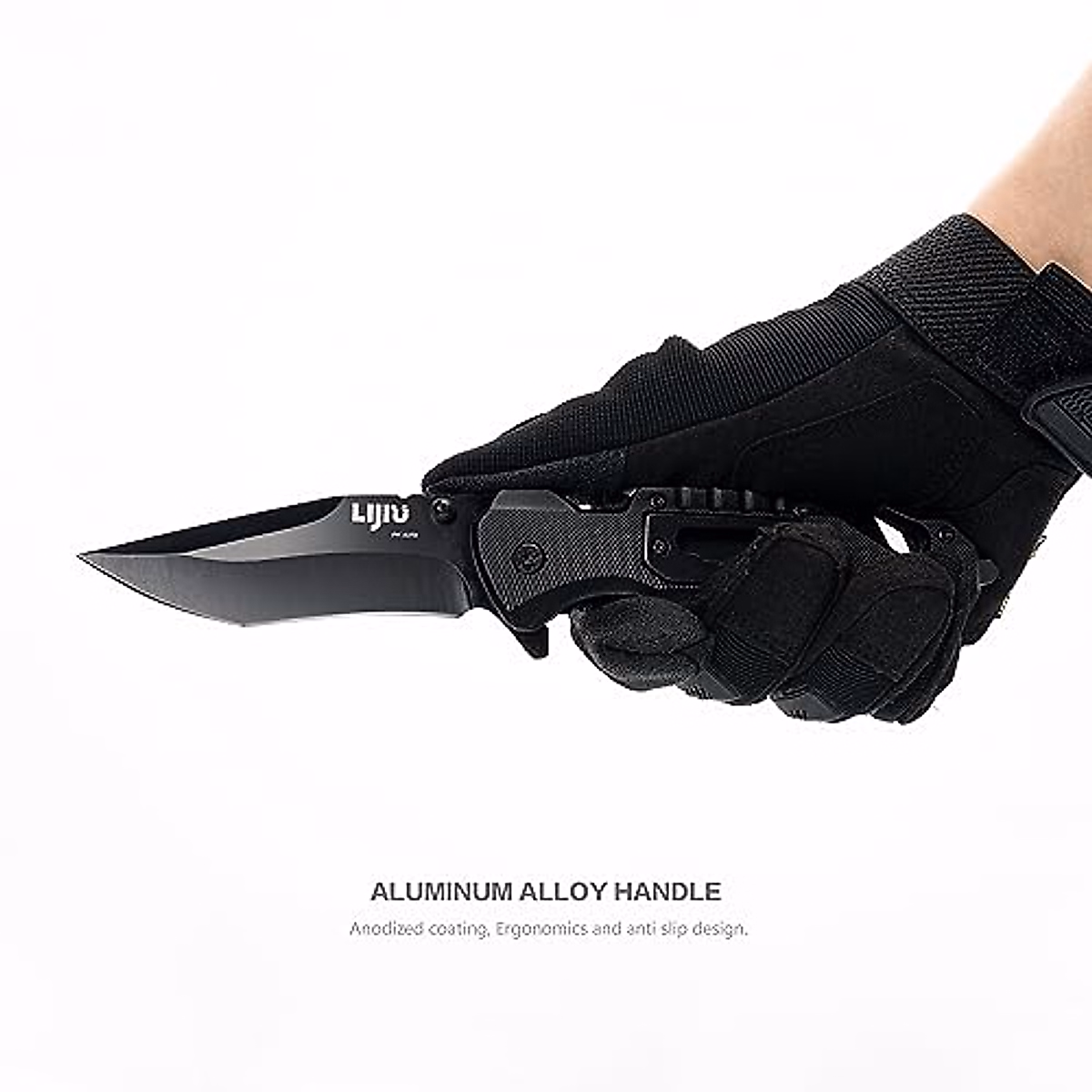 LI JIU Folding Pocket Knife - 8 inch Tactical Knife, made of high-carbon steel, Aluminum handle & Pocket Clip, Multifunctional design (Black)