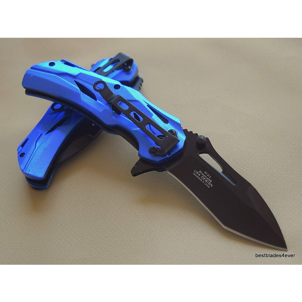 Black And Blue Open Folding Pocket Knife With 7.75 Inch Overall Outdoor Survival Hunting Knife for Camping by Survival Steel