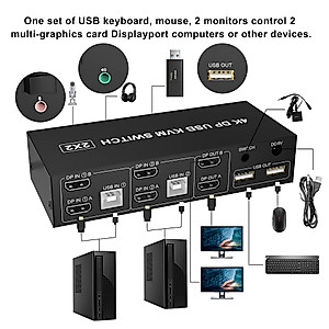 KVM Switch Dual Monitor DisplayPort 4K@60Hz Extended Display, Displayport 1.2 KVM Switch 2 in 2 Out with Audio Microphone Output and 3 USB 2.0 Hub 2 Monitors 2 Computers kvm Switch