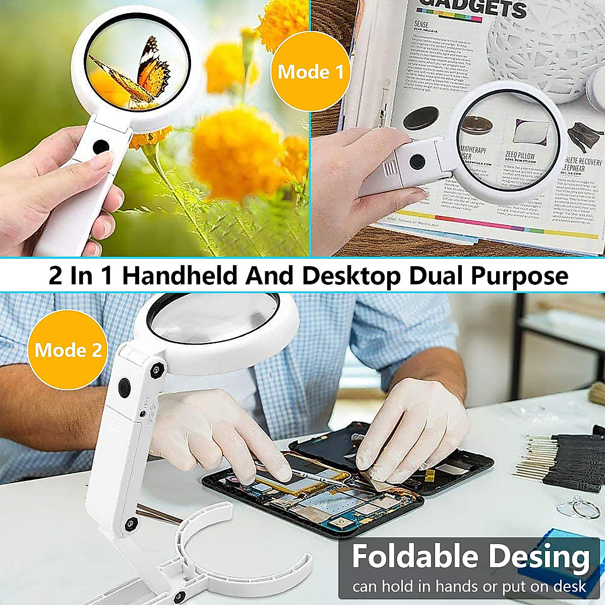 30X 10X Magnifying Glass with Light and Stand, Foldable Handheld Magnifying Glass & 2 level Dimmable for Close Work, Powered by Battery or USB