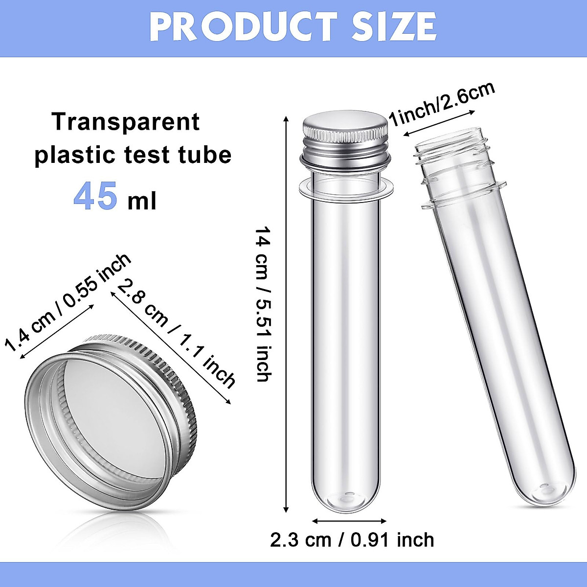 45ml Plastic Test Tubes Transparent Clear Bath Salt Tubes 25x140mm Cylindrical Aluminum Lid Plastic Vials for Candy Spice Dried Flower Storage Container Decor House Scientific Experiment (200 Pcs)