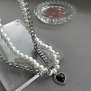 Women Y2K Aesthetic Heart Charm Faux Pearl Layered Chain Necklace Gothic Choker Necklace Jewelry Punk Y2k Fashion Outfit Retro Fairy Grunge Accessories, Black Heart, One Size