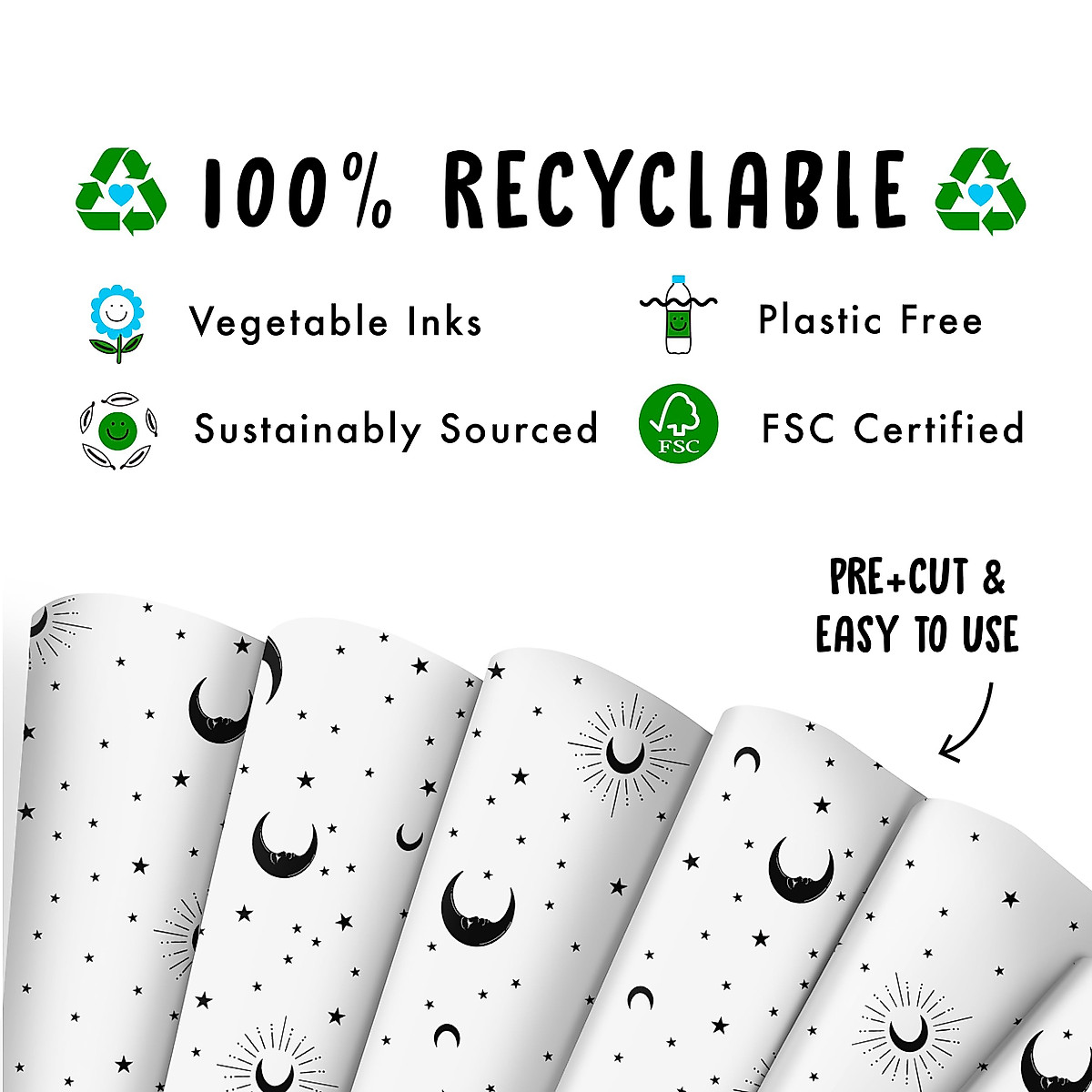 CENTRAL 23 - White Wrapping Paper - 6 Sheets of Monochrome Gift Wrap - Moons and Stars - Birthday Wrap for Her - Birthday Wrapping Paper for Men and Women - Recyclable