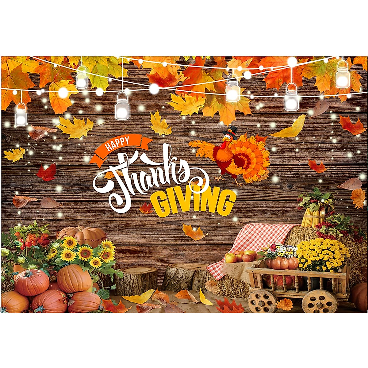 Dudaacvt 8x6ft Thanksgiving Photography Backdrop Rustic Wooden Floor Barn Harvest Background Thanksgiving Turkey Autumn Pumpkins Backdrop Thanksgiving Party Decoration Backdrop D643