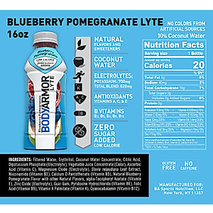 BODYARMOR LYTE Sports Drink Low-Calorie Sports Beverage, Blueberry Pomegranate, Coconut Water Hydration, Natural Flavors With Vitamins, Potassium-Packed Electrolytes, Perfect For Athletes, 16 Fl Oz (Pack of 12)