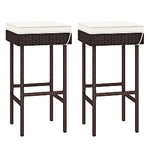 Tangkula Patio Rattan Barstools Set of 2, Outdoor Wicker Bar Height Chairs with Footrest & Soft Cushions, Heavy-Duty Metal Frame, Cushioned Barstools for Backyard, Balcony
