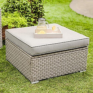 COSIEST Outdoor Furniture Add-on Ottoman for Expanding Wicker Sectional Sofa Set w Warm Gray Thick Cushion for Garden, Pool, Backyard