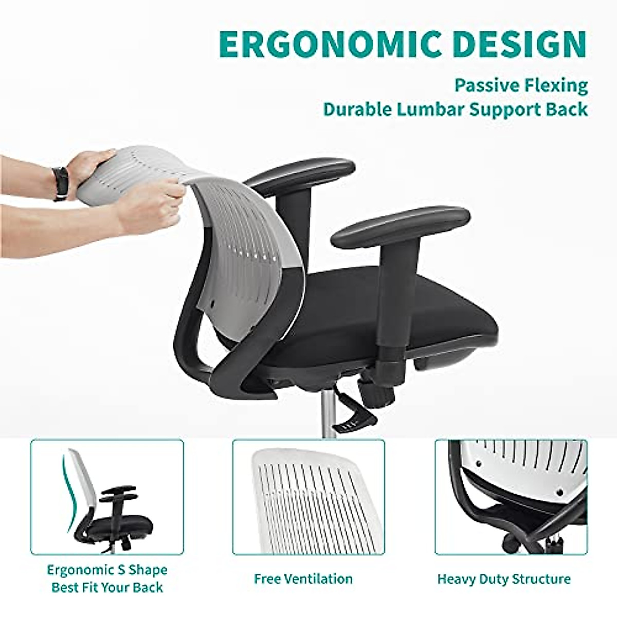 TACRONEY Office Chair Ergonomic, Back Support Home Office Desk Chairs with Adjustable Arm, Comfortable Ergonomic Office Chair, Tilt Back Swivel Computer Desk Chair for Home and Office Working, Grey