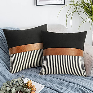 cygnus 20x20 Pillow Covers Set of 2 Farmhouse Decor Stripe Patchwork Linen Throw Pillow Covers Modern Faux Leather Covers for Couch Sofa,Black