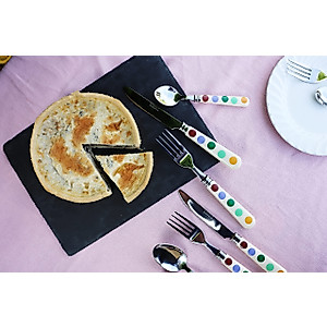 EXZACT Cutlery Set 24 PCS Stainless Steel with Polka Dots Handle - Dinner Knife x 6, Dinner Fork x 6, Table Spoon x 6, Tea Spoon x 6, Service for 6 - Mirror Polished